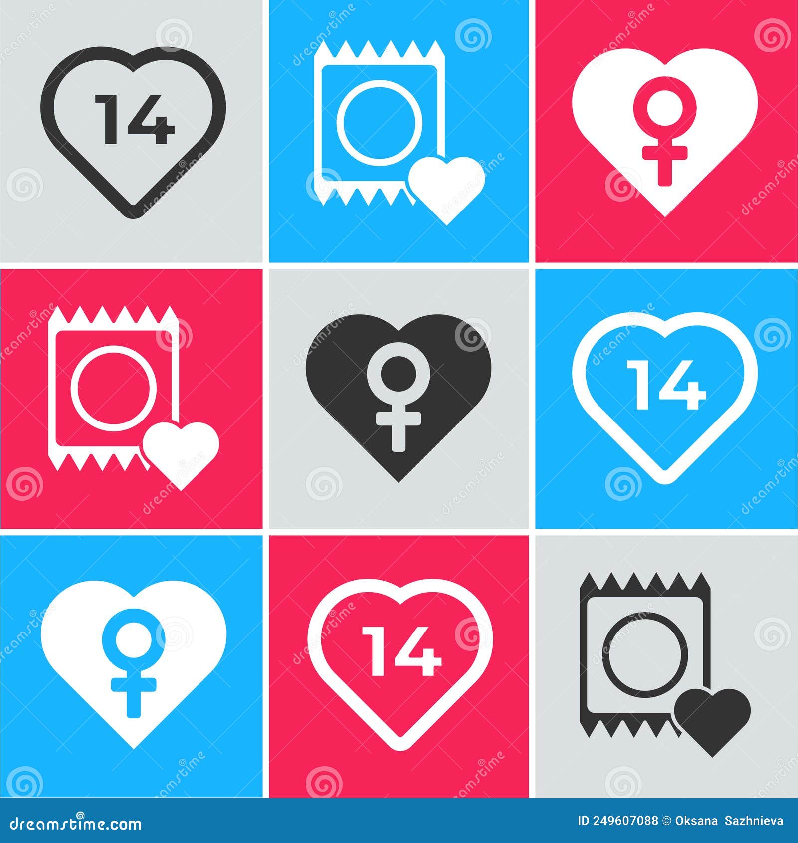 Set Heart Condom In Package And Heart With Female Gender Icon Vector