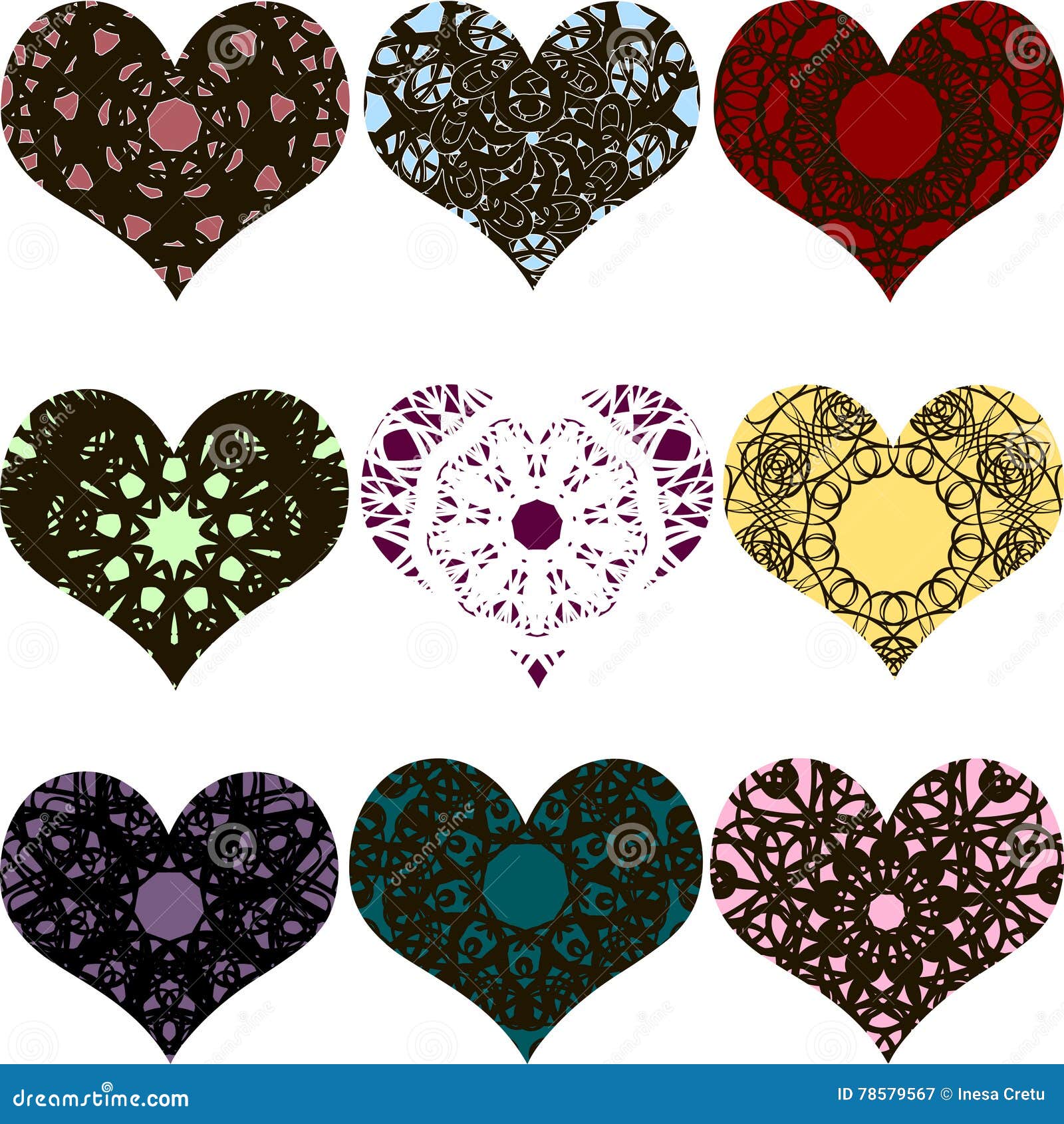 Set of Heart Shaped Decorative Elements with Ornaments Stock Vector ...