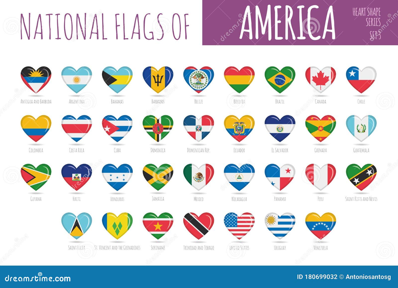 Set of 35 Heart Shaped Flags of the Countries of America Stock Vector ...