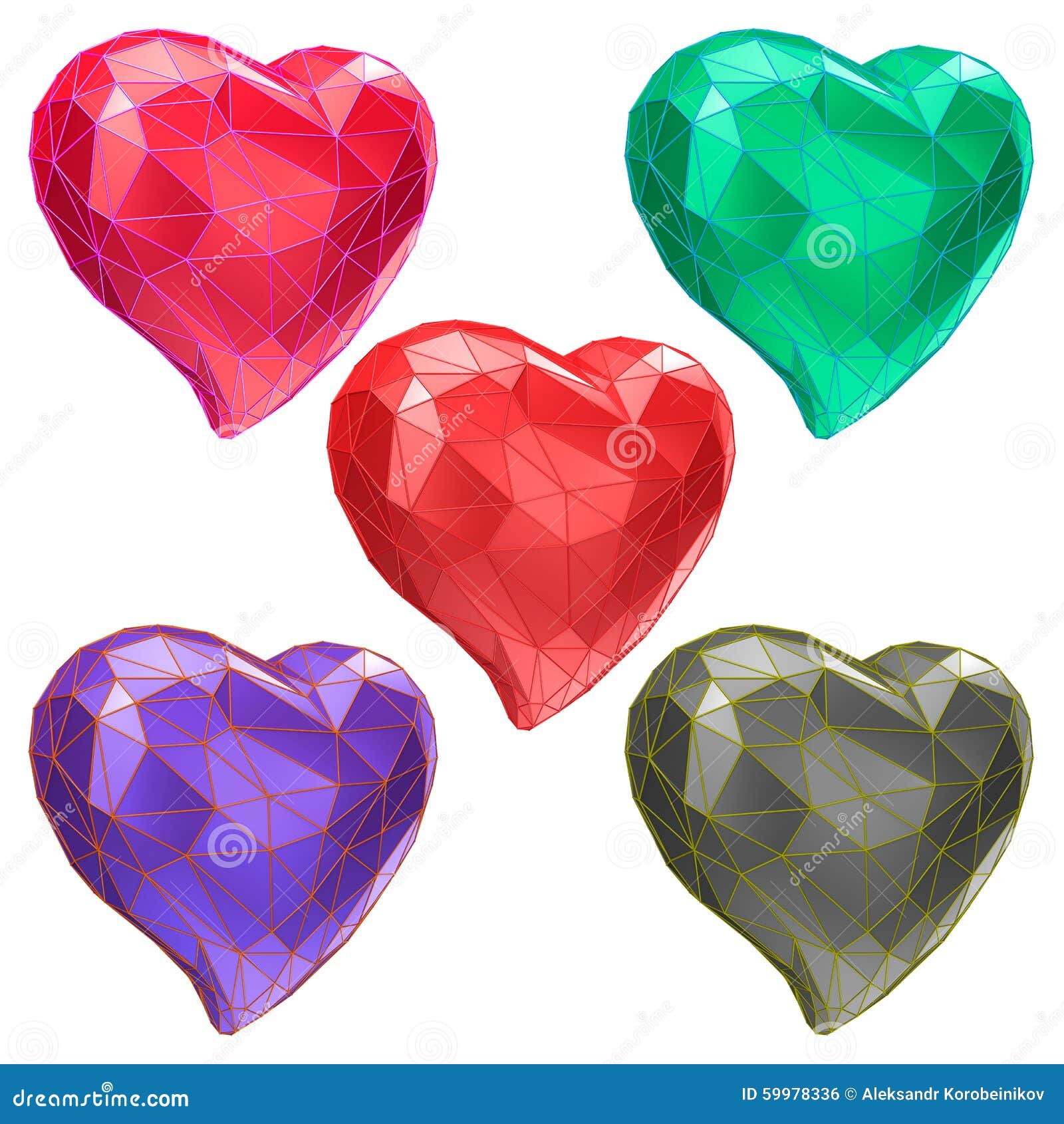 Set of Hearts with Faceted Low-poly Geometry Effect Stock Illustration ...