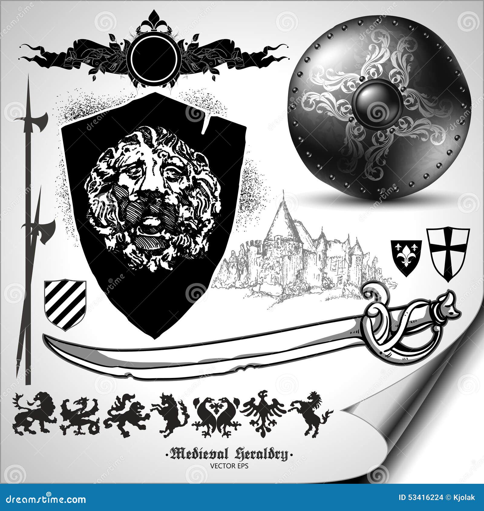 Heraldic Elements-shell, Flower And Tape. Gerb Design Ribbon, Classic ...