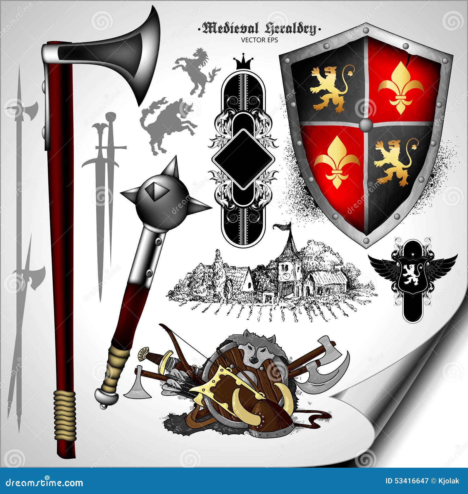 Set of heraldic elements stock vector. Illustration of detailed - 53416647