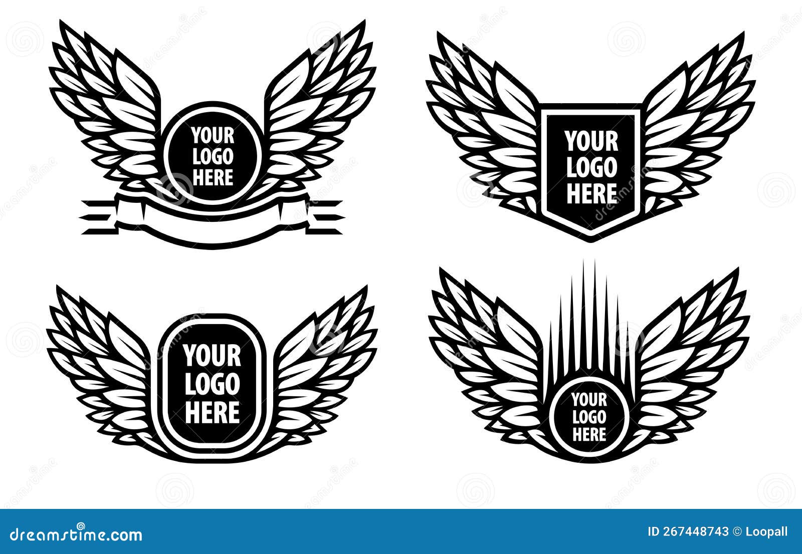 Set of Heraldic Emblems with Feather Wings and Ribbon. Vector Stock ...