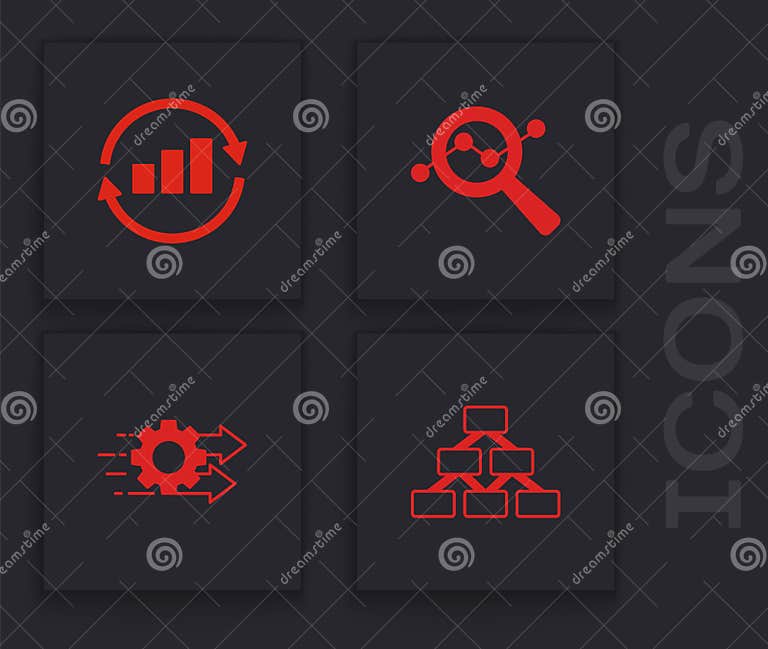 Set Hierarchy Organogram, Graph Chart Infographic, Search Data Analysis and Time Management Icon ...