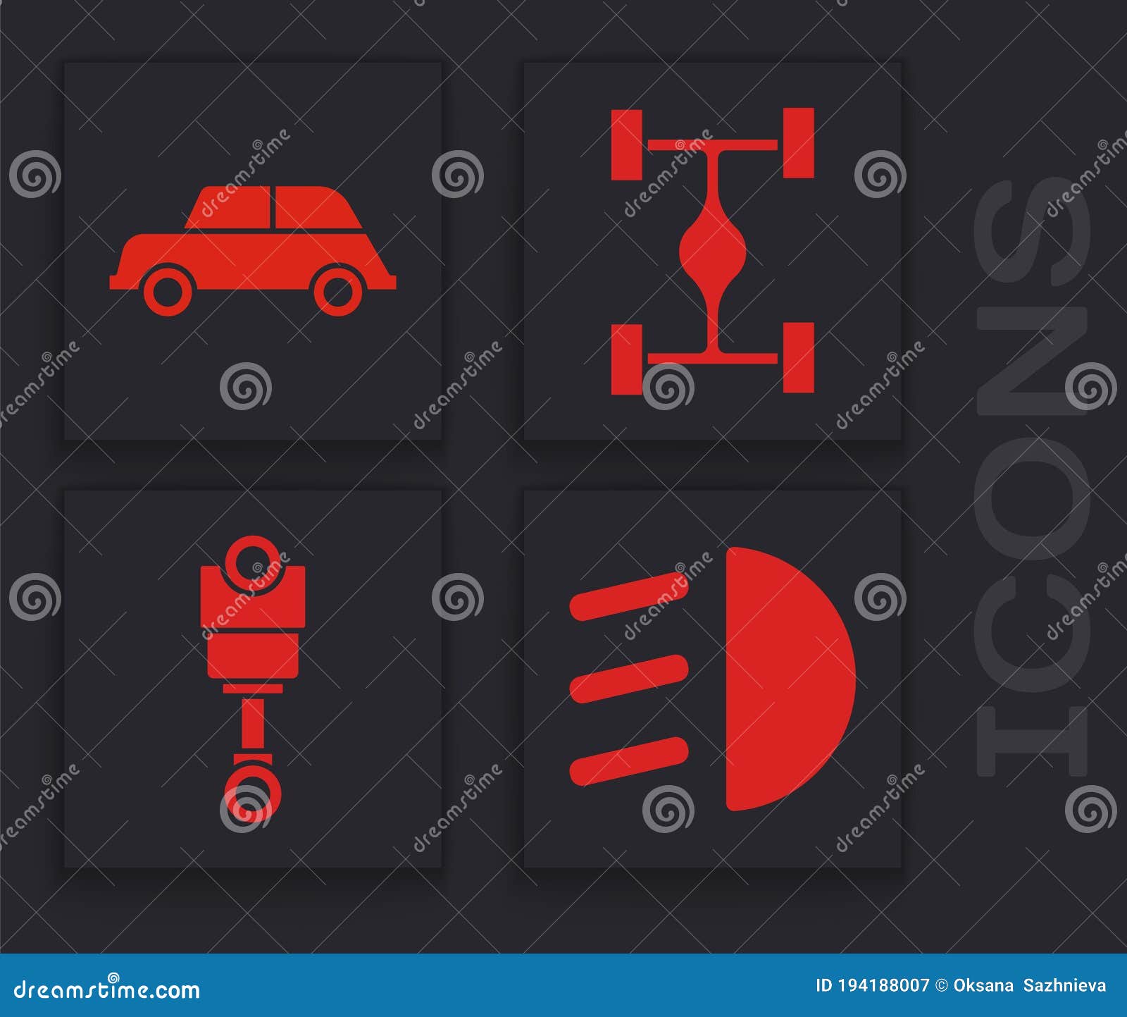 Set High Beam, Car, Chassis Car and Engine Piston Icon. Vector Stock ...