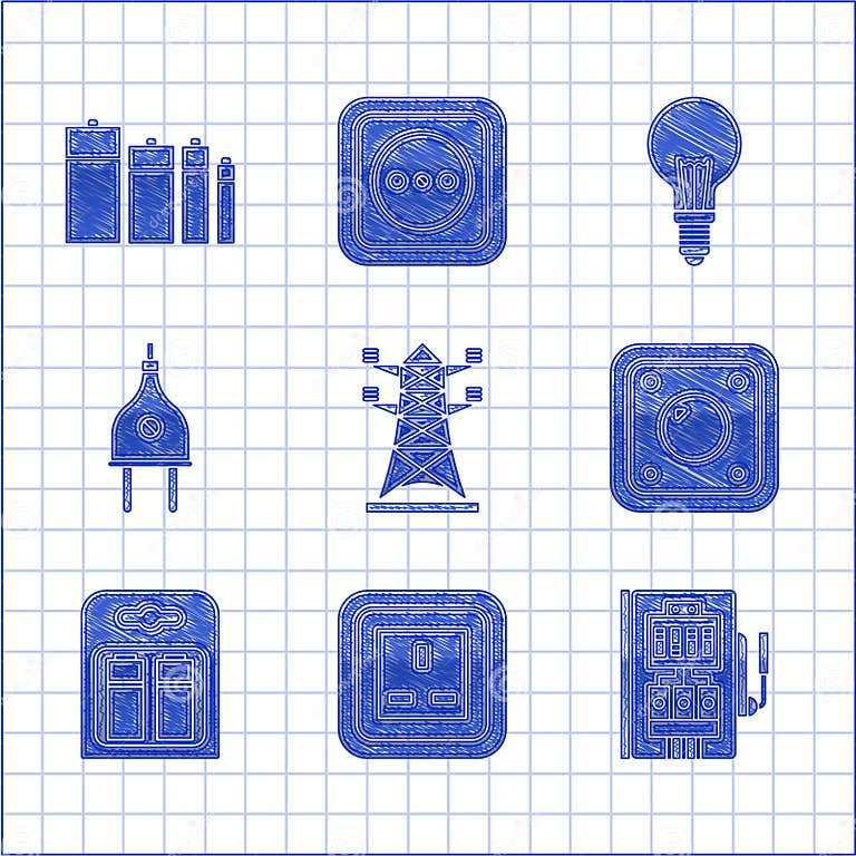 Set High Voltage Power Pole Line, Electrical Outlet, Panel, Light ...