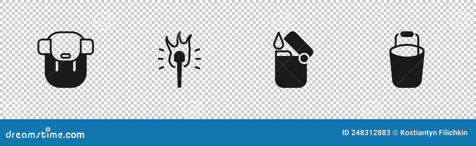Set Hiking Backpack, Torch Flame, Lighter and Bucket Icon. Vector Stock ...