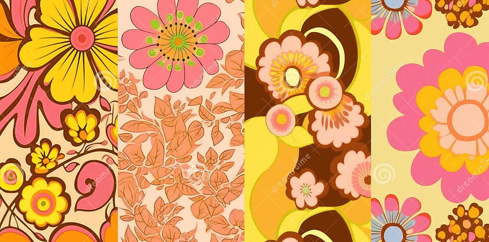 A Set of Hippie Flower Patterns, in the Style of Pop Art. Generative AI ...