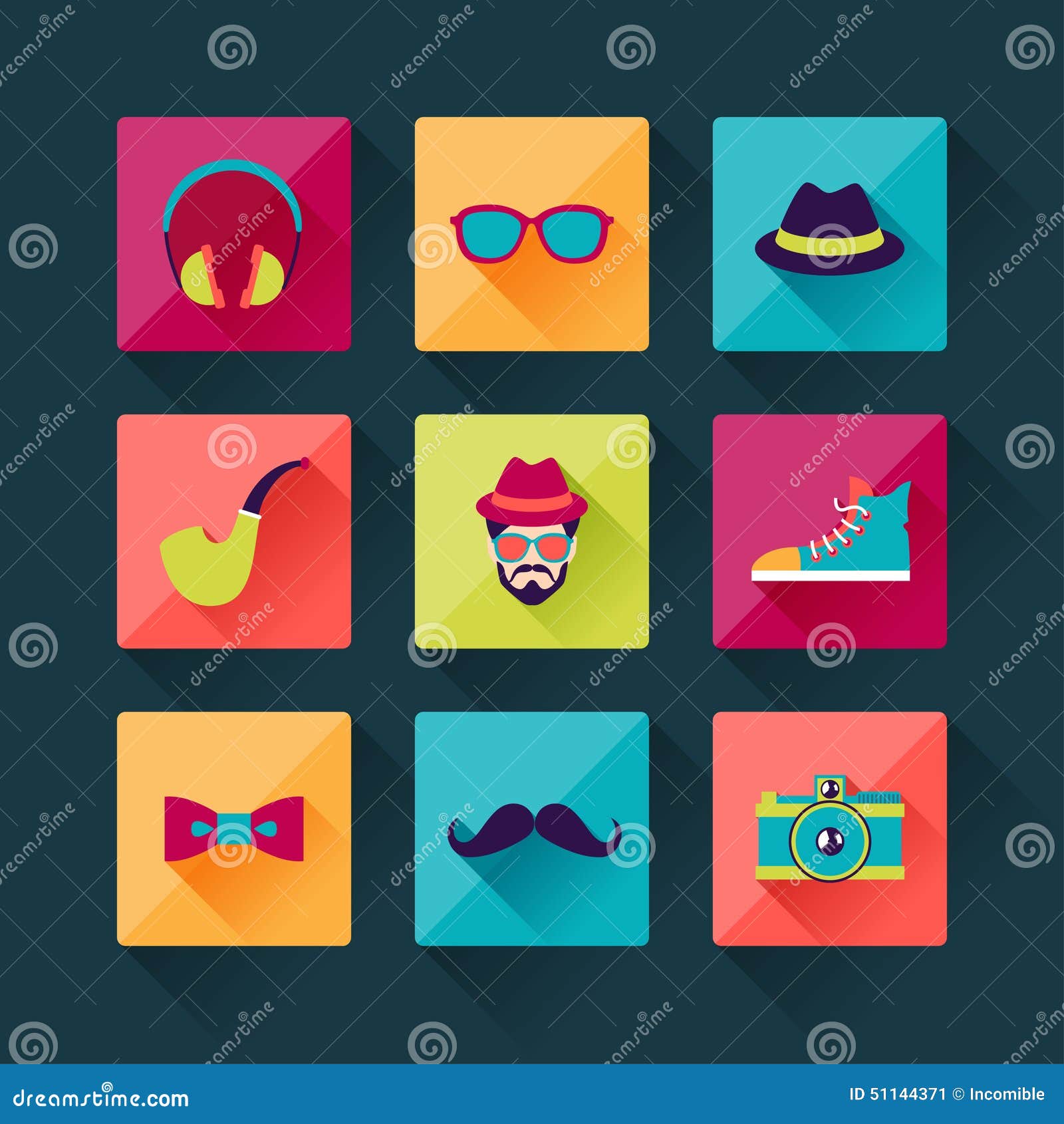 Set of Hipster Icons in Flat Design Style Stock Vector - Illustration ...