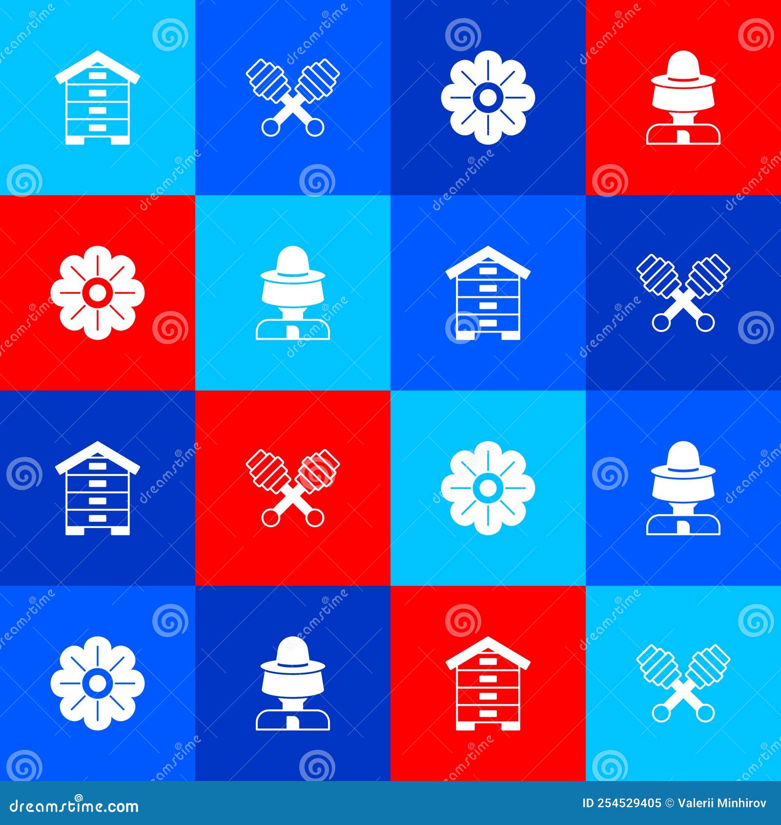 Set Hive for Bees, Honey Dipper Stick, Flower and Beekeeper with ...