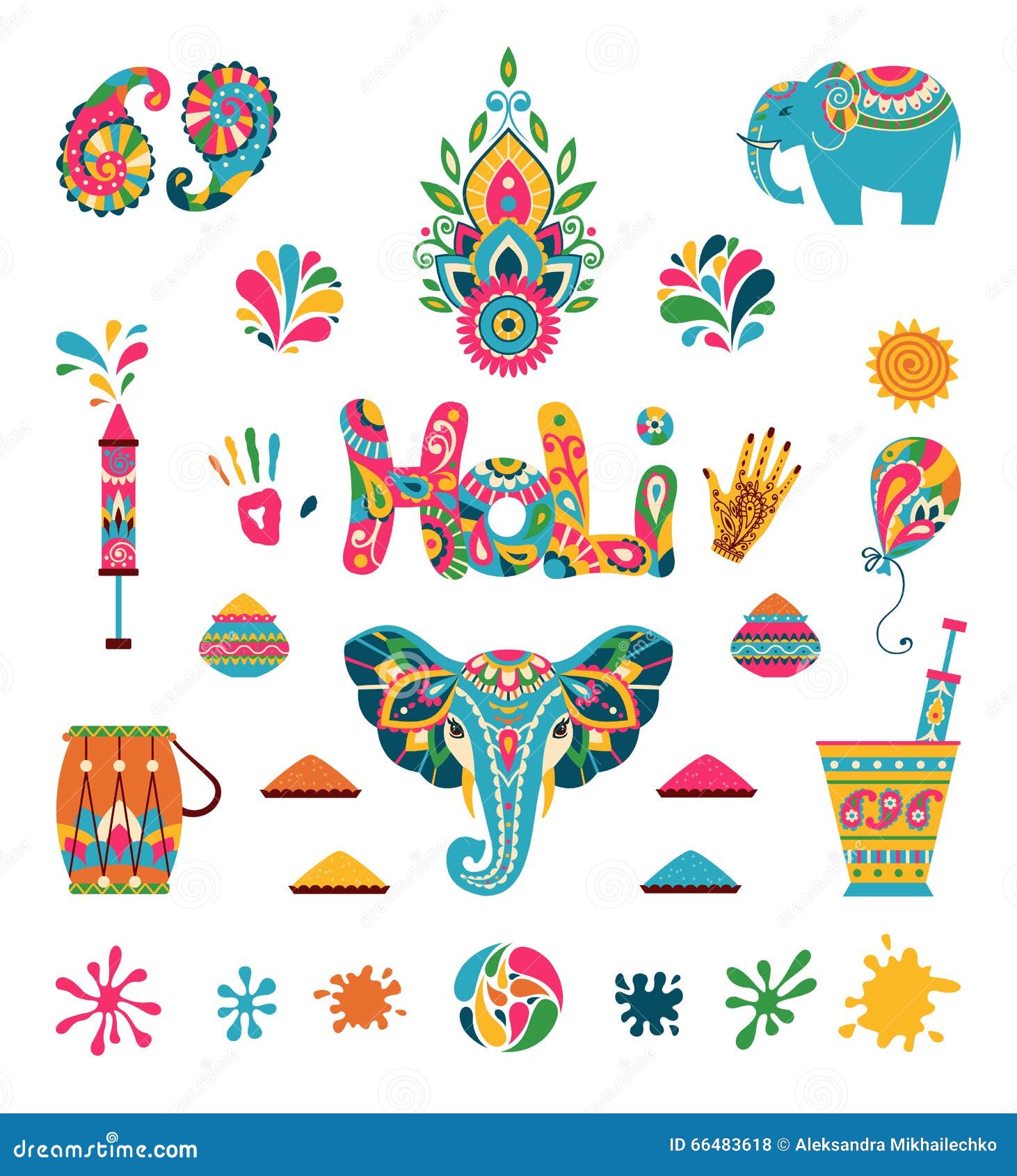 Set Of Holi Flat Elements In Indian Style Vector Illustration ...