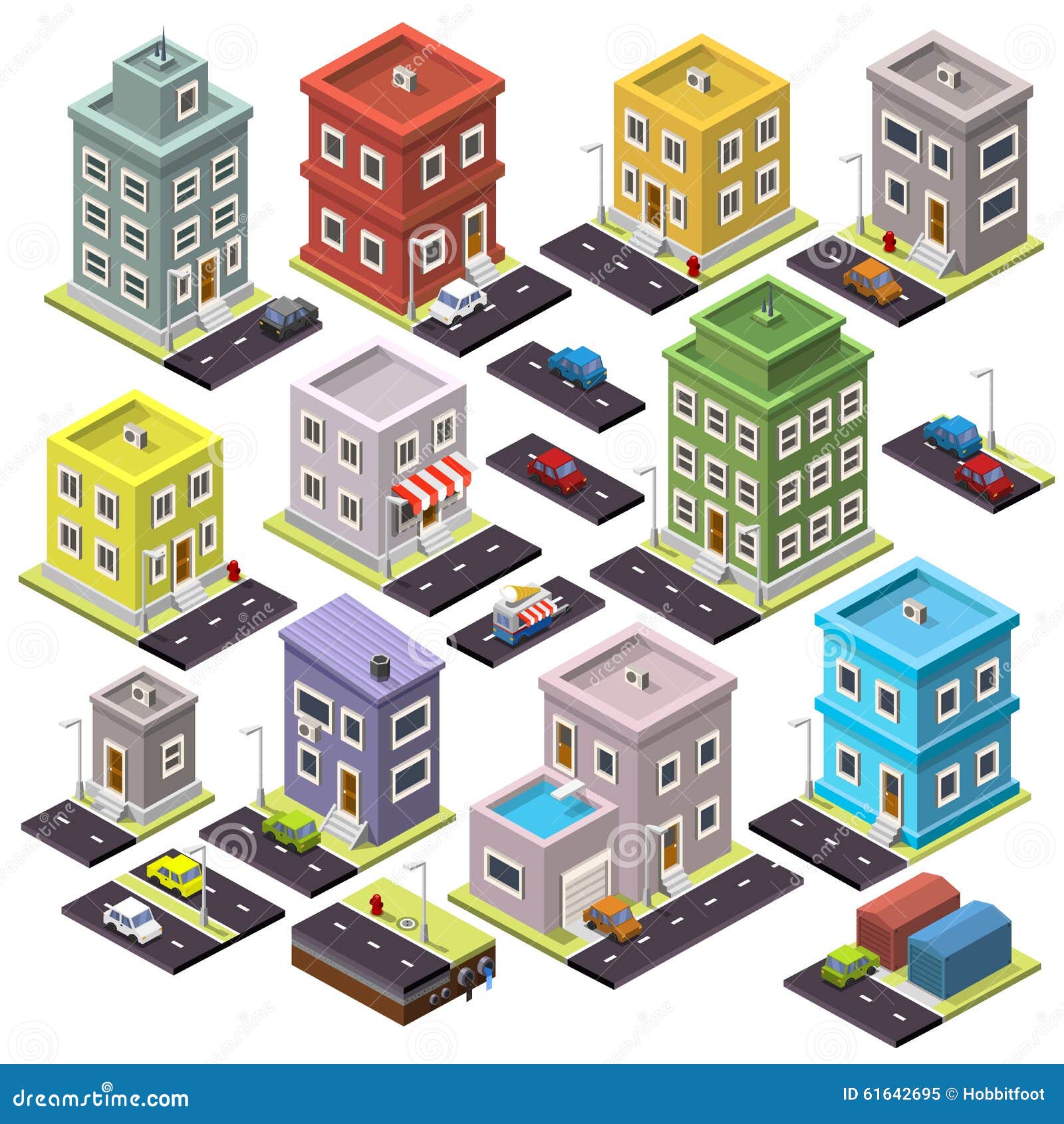 Set of Home and Road with Cars Isometric Stock Vector - Illustration of ...