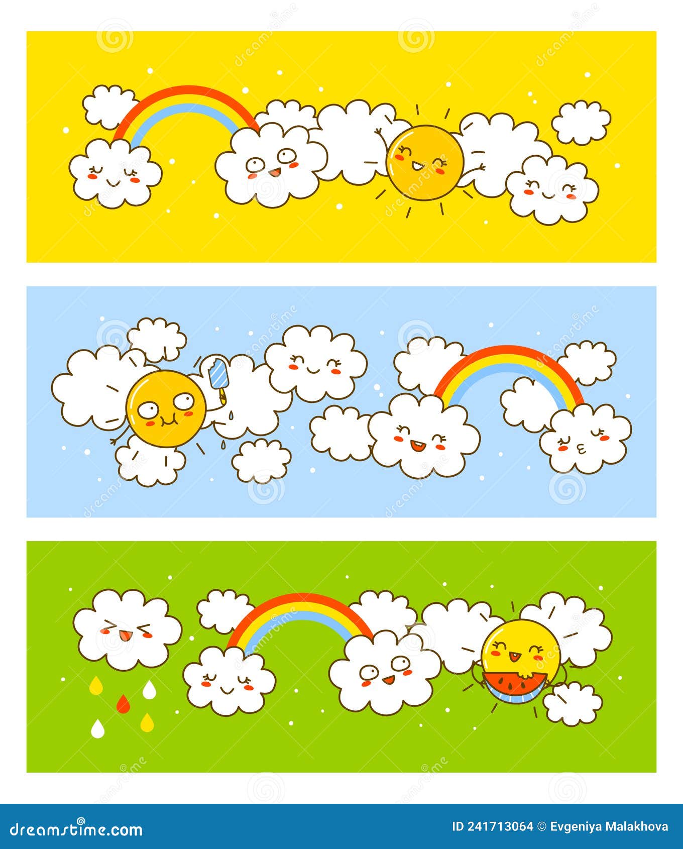 Set of Horizontal Banners with Cartoon Sun and Clouds for Funny Summer ...