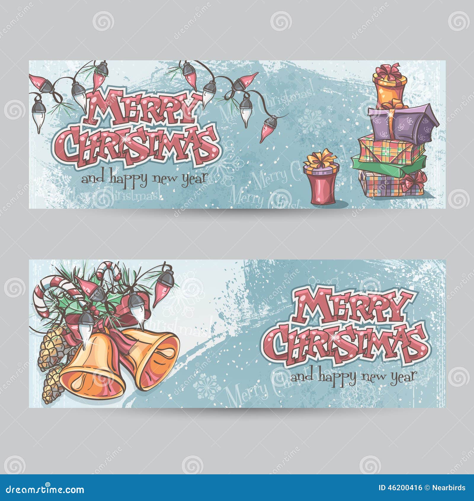 Set of Horizontal Christmas Cards with Flashlights, Bells and Gi Stock ...