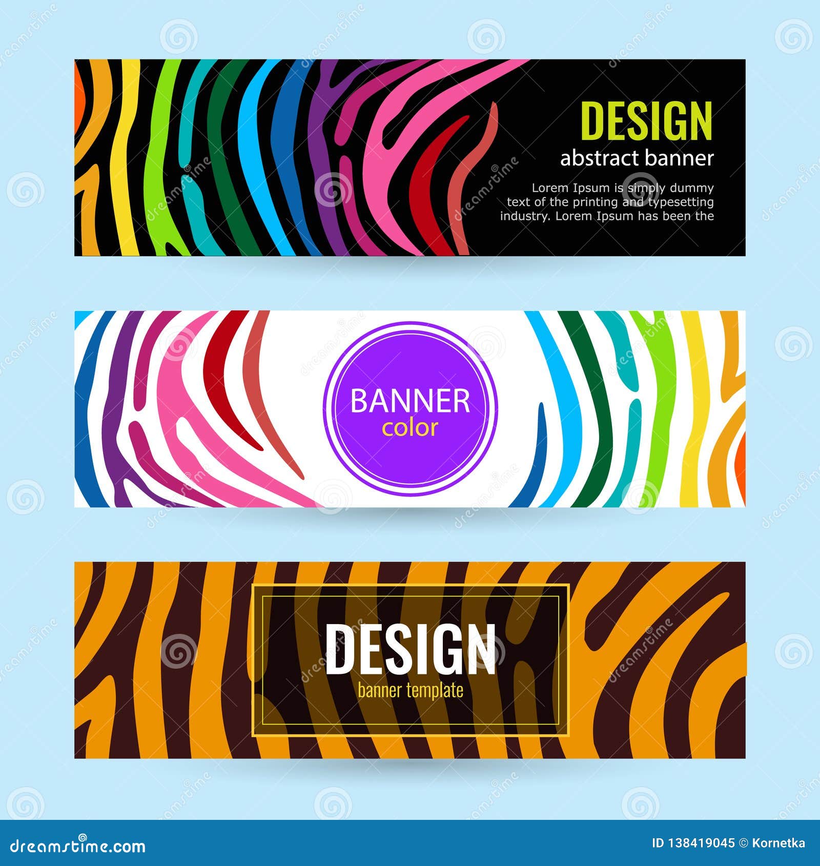 Set of Horizontal Color Banners with Stripes Rainbow on Black and White ...