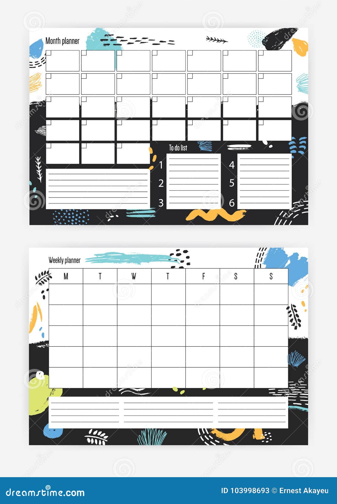 Set of Horizontal Month and Weekly Planner Templates with Bright ...