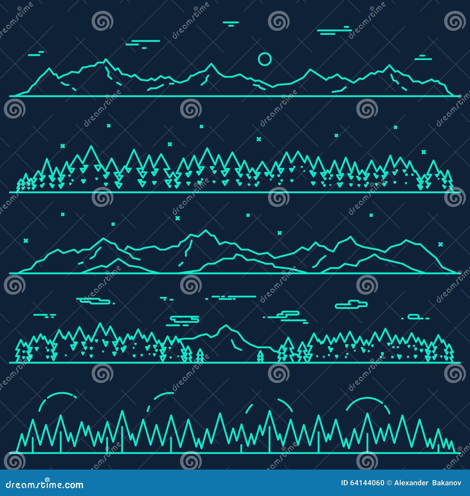 Set Horizontal Mountains Fir Forest Linear Style Stock Vector ...