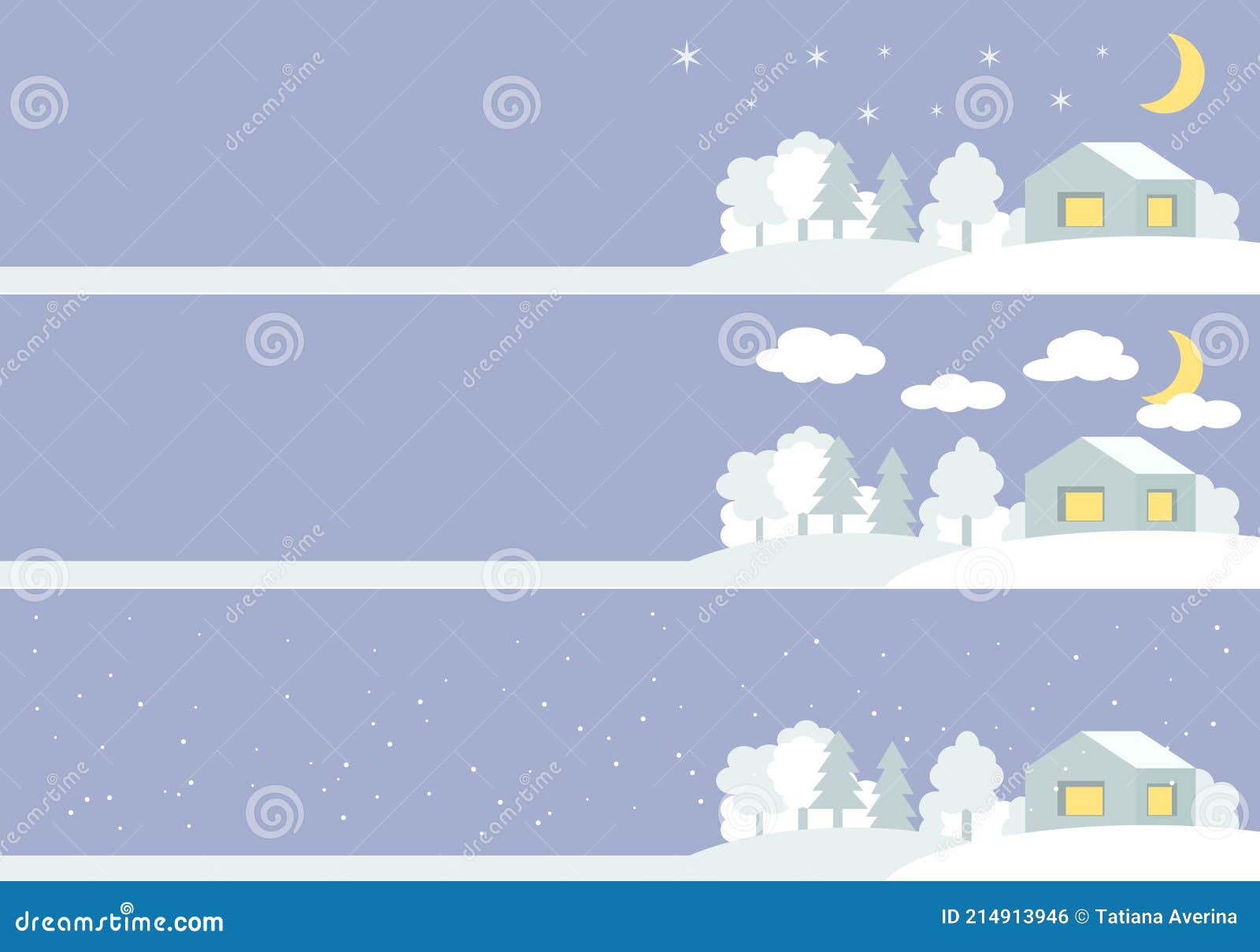 Set of Horizontal Winter Landscape Backgrounds with House and Trees ...