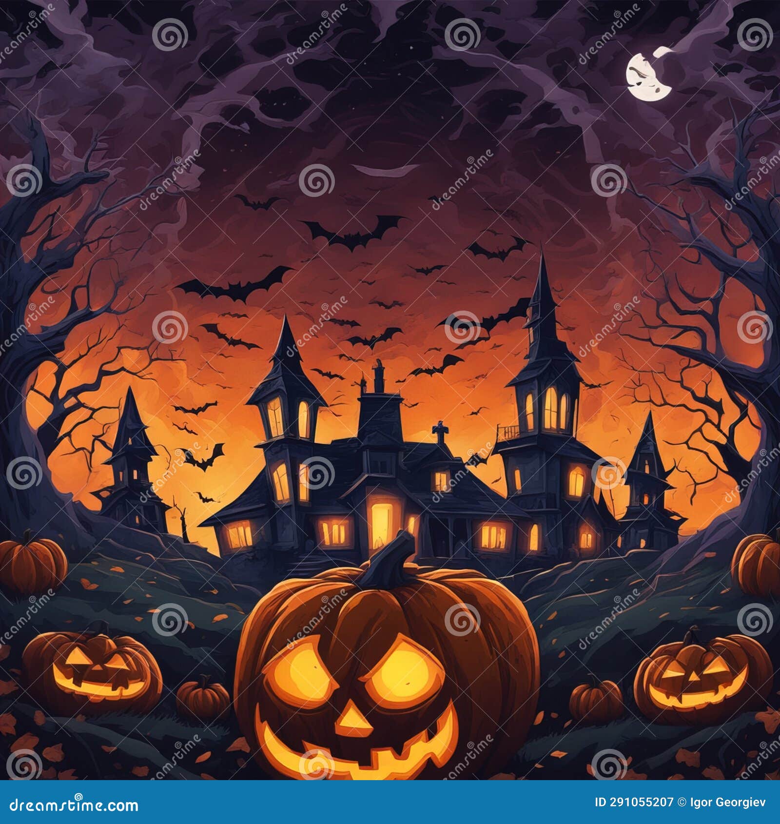 Comic Halloween Background in Flat Design Illustration Poster Template ...