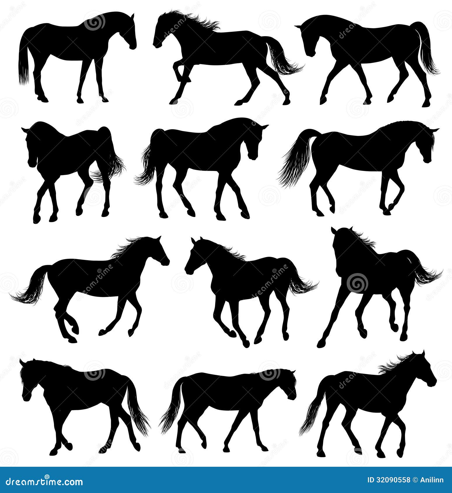 Set of 12 Horses Silhouettes Stock Vector - Illustration of pony ...