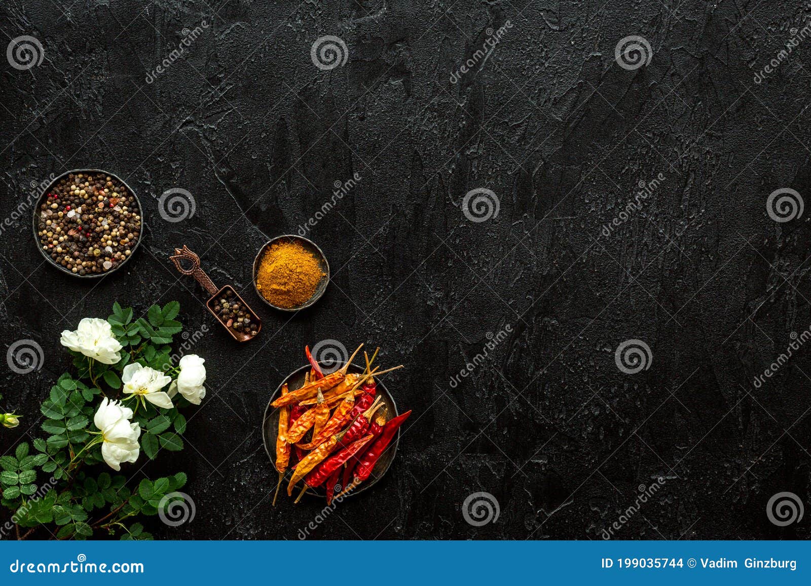 Set of Hot Indian Spices with Flowers, Top View Stock Photo - Image of ...