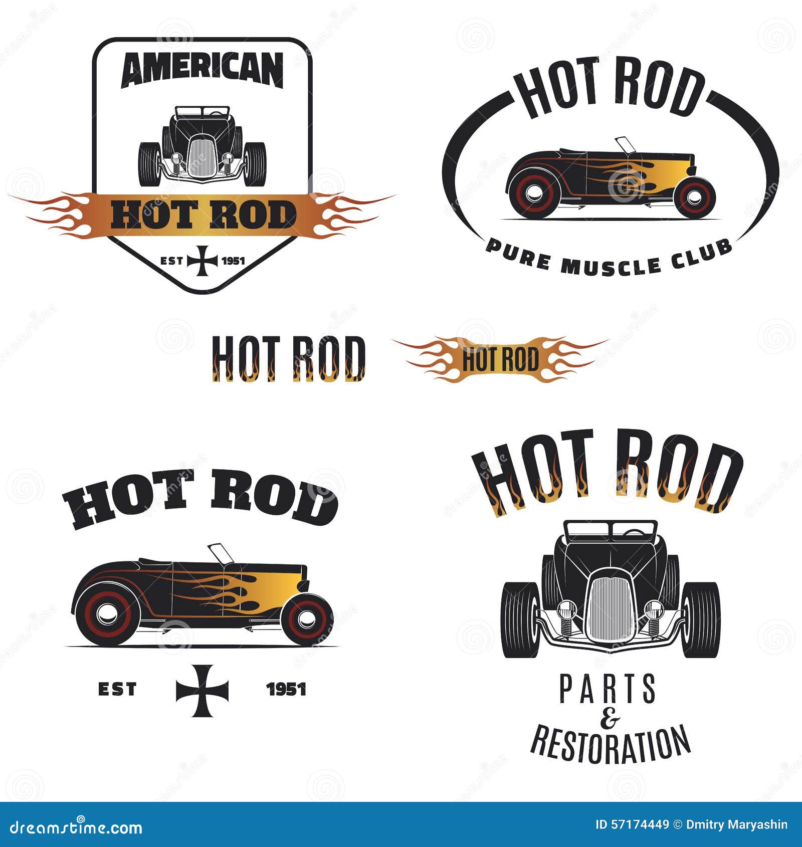 Set of Hot Rod Colored Emblems Stock Illustration - Illustration of ...
