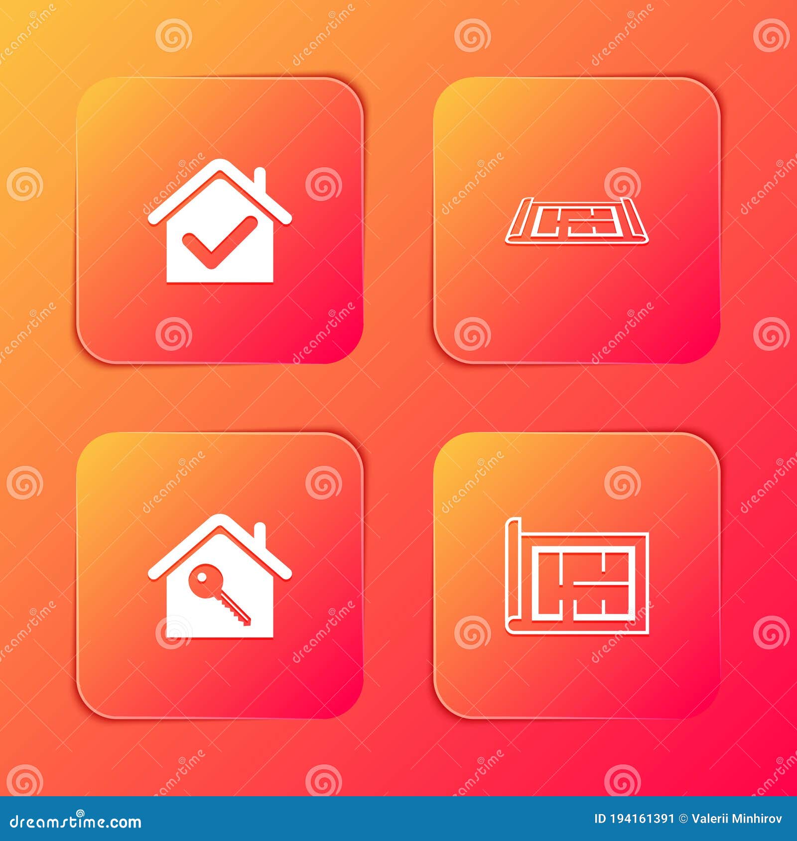 Set House with Check Mark, Plan, Key and Icon. Vector Stock Vector ...