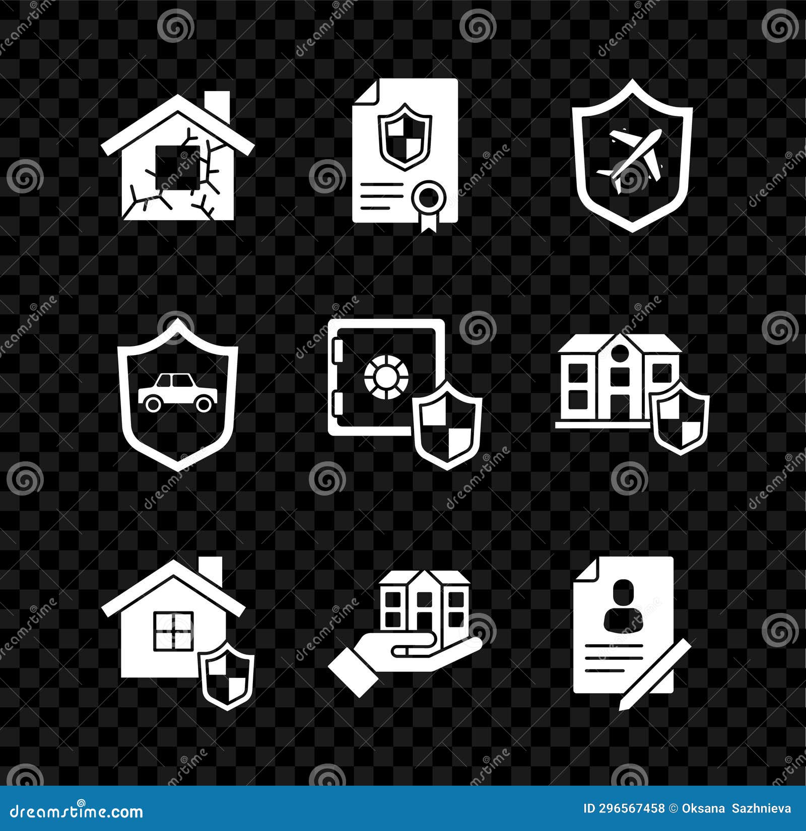 Set House, Contract with Shield, Plane, in Hand, Document, Car and Safe ...