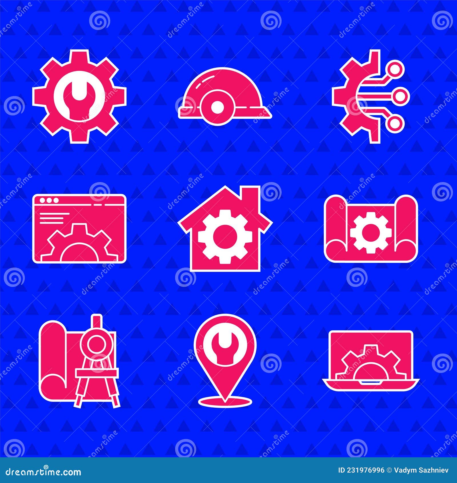 Set House with Gear, Location Wrench Spanner, Laptop and, Graphing Paper, Compass, Browser ...