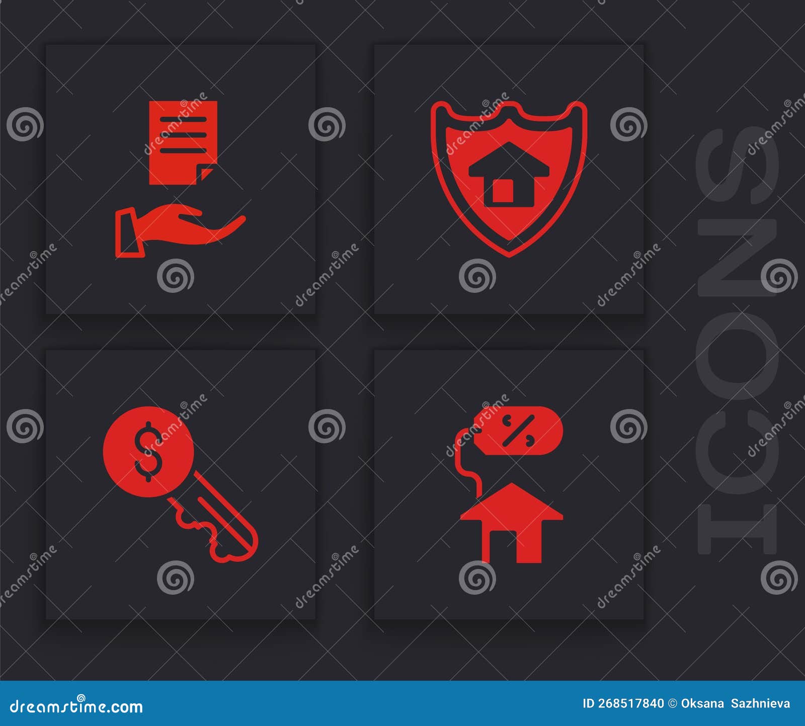 Set House with Percant, Contract, Shield and Rent Key Icon. Vector ...