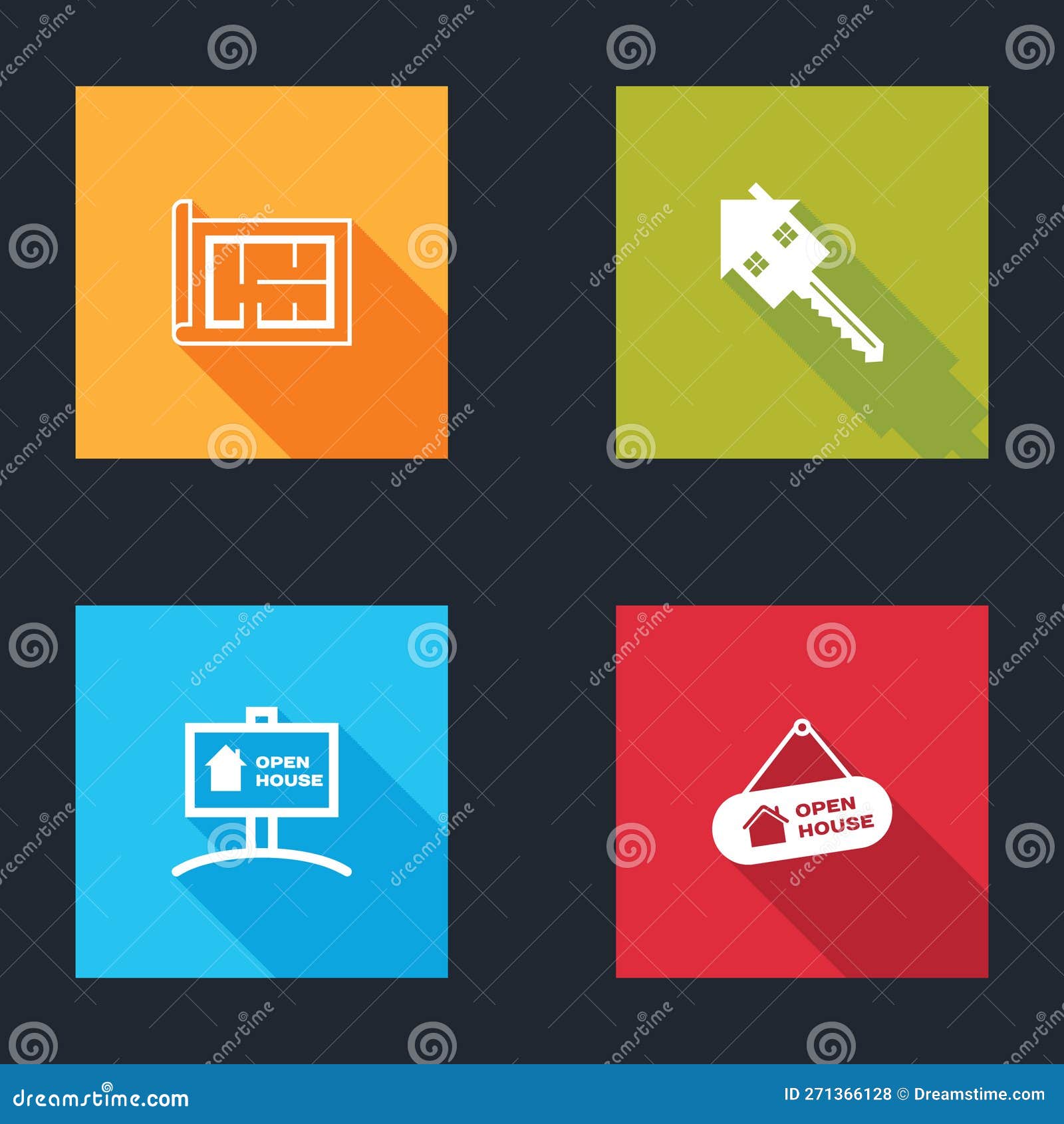 Set House Plan, with Key, Hanging Sign Open House and Icon. Vector ...