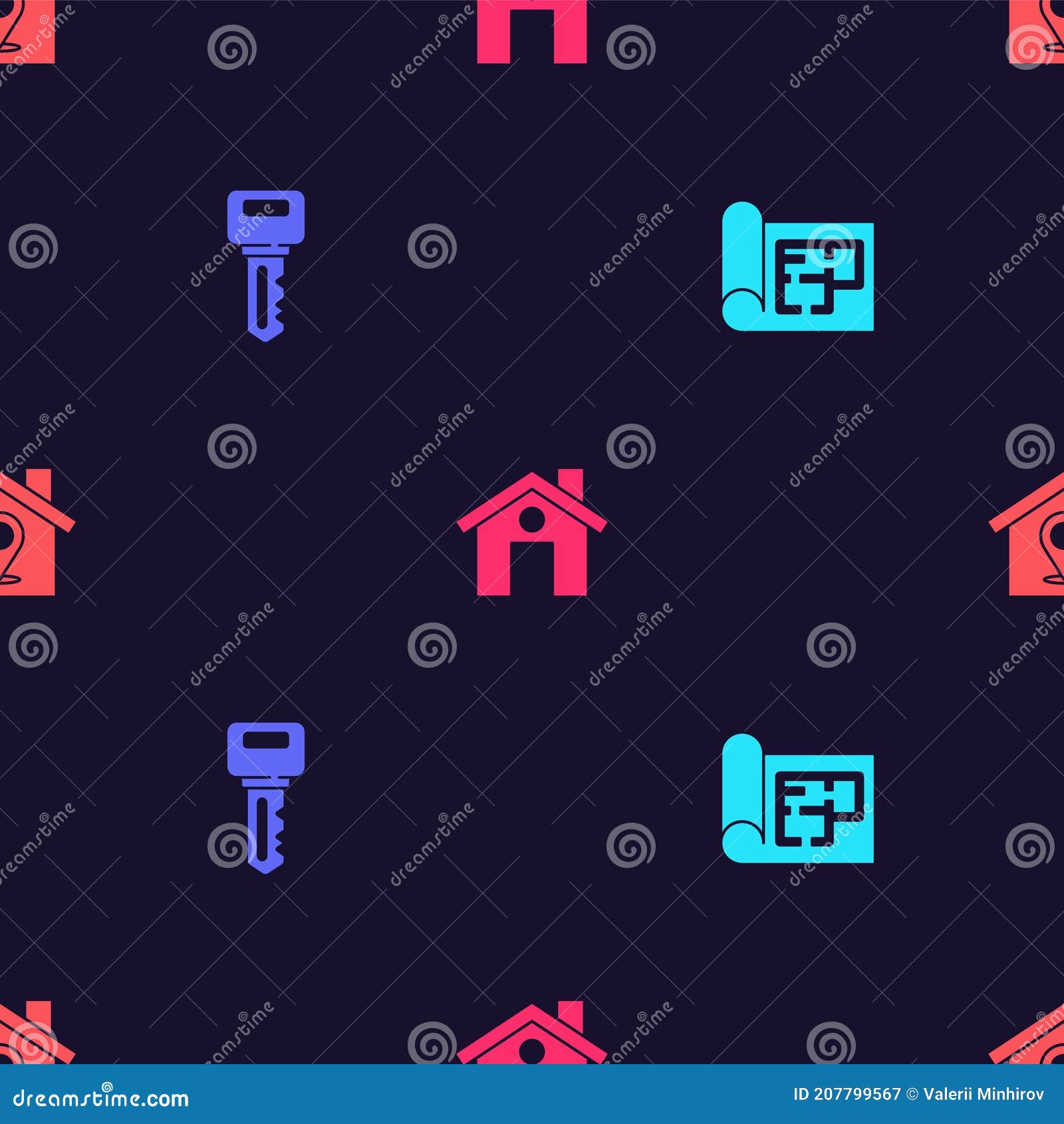 Set House Plan, Key, and Location with House on Seamless Pattern ...