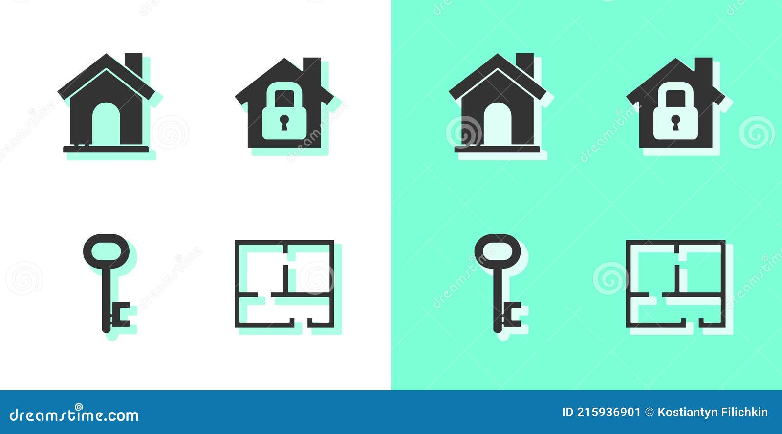 Set House Plan, , Key and Under Protection Icon. Vector Stock Vector ...