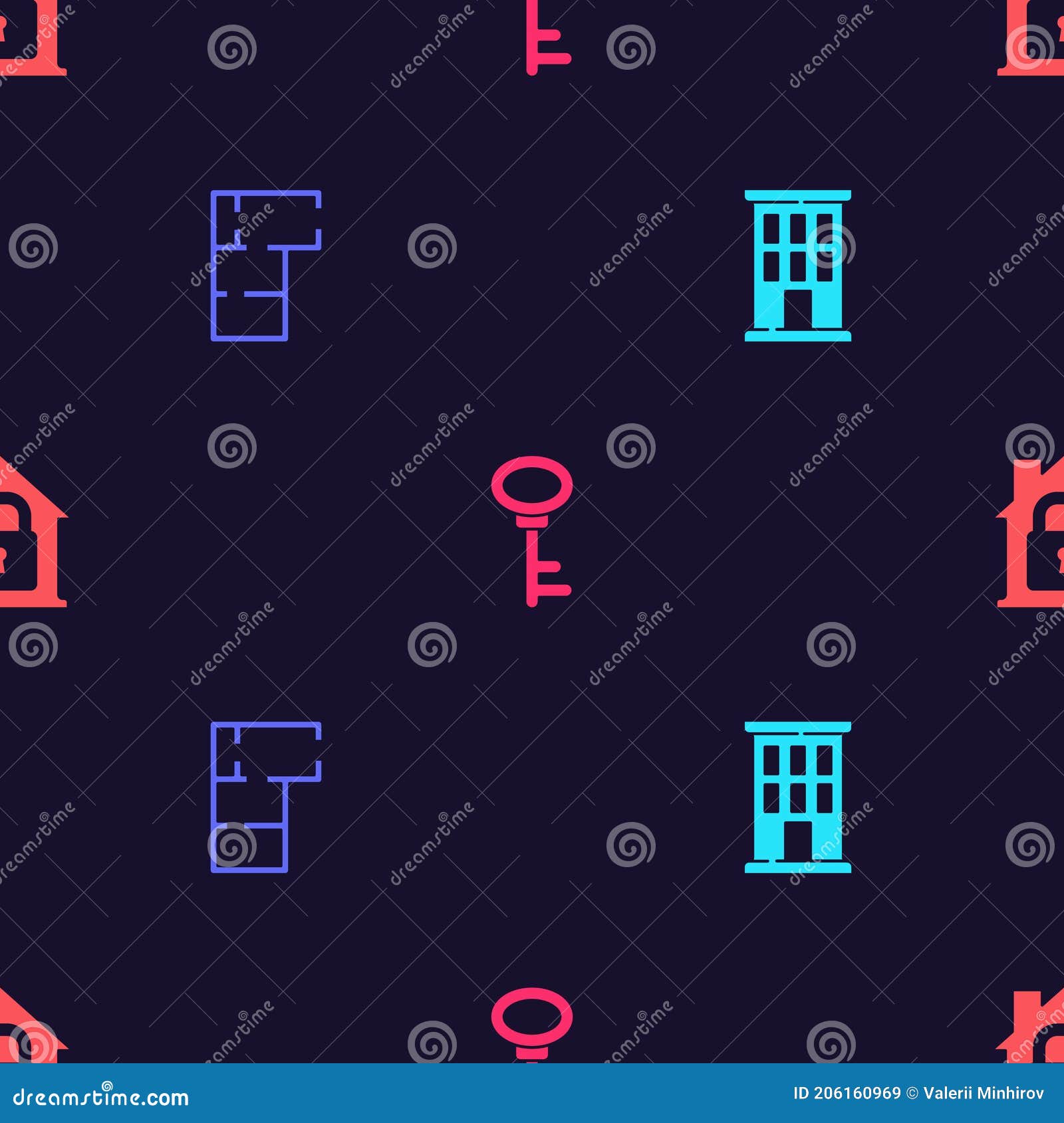 Set House, Plan, Key and Under Protection on Seamless Pattern. Vector ...