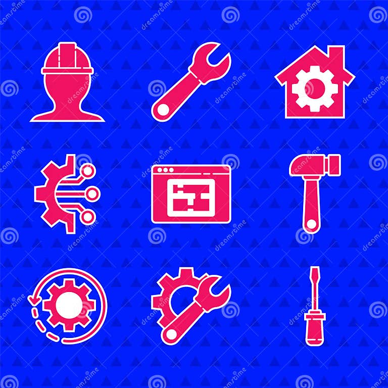 Set House Plan, Wrench Spanner and Gear, Screwdriver, Hammer, Gear ... Set House Plan, Wrench Spanner and Gear, Screwdriver, Hammer, Gear ...