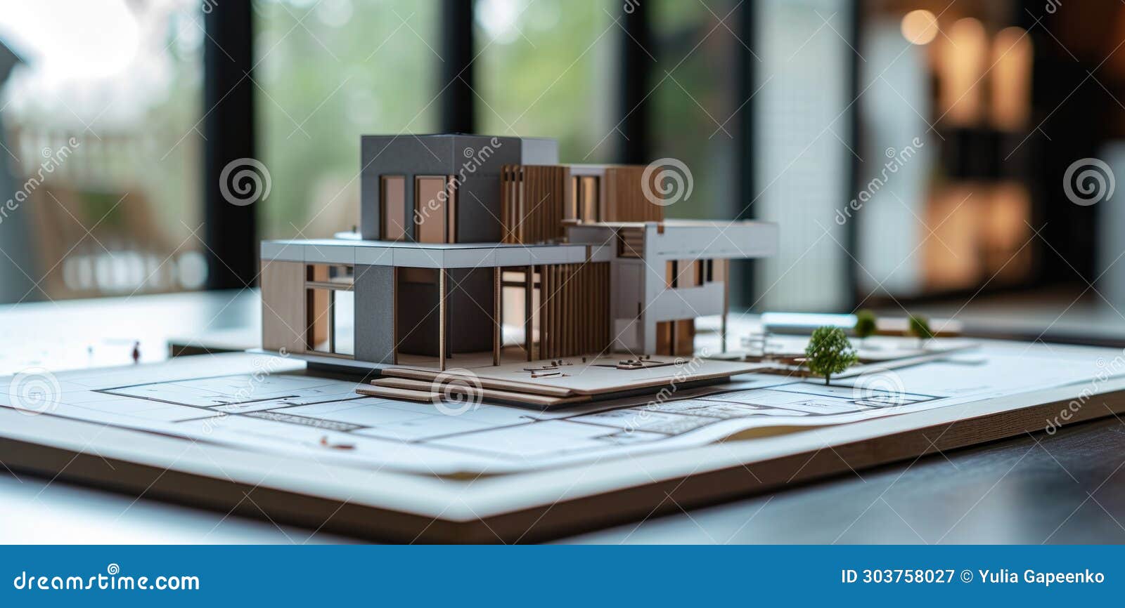 A Set of House Plans on a Table with a Model on the Table Stock Image ...