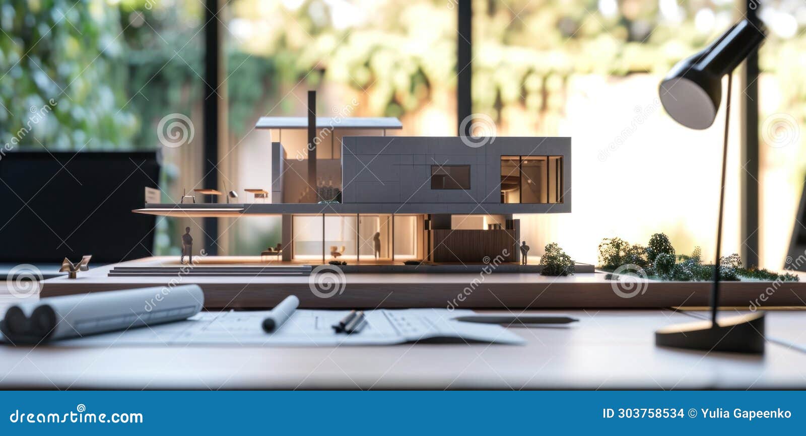 A Set of House Plans on a Table with a Model on the Table Stock Photo ...