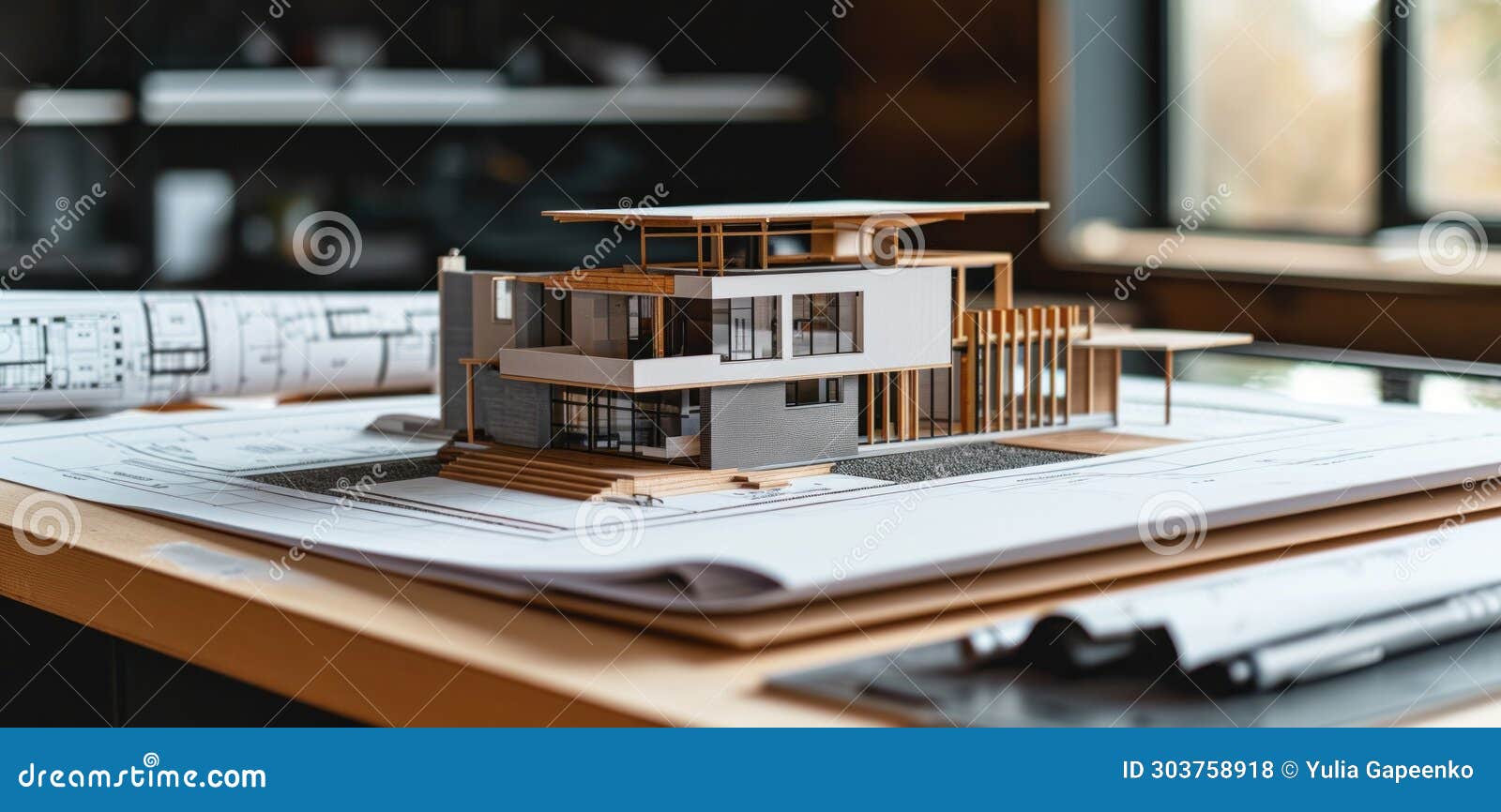 A Set of House Plans on a Table with a Model on the Table Stock Photo ...