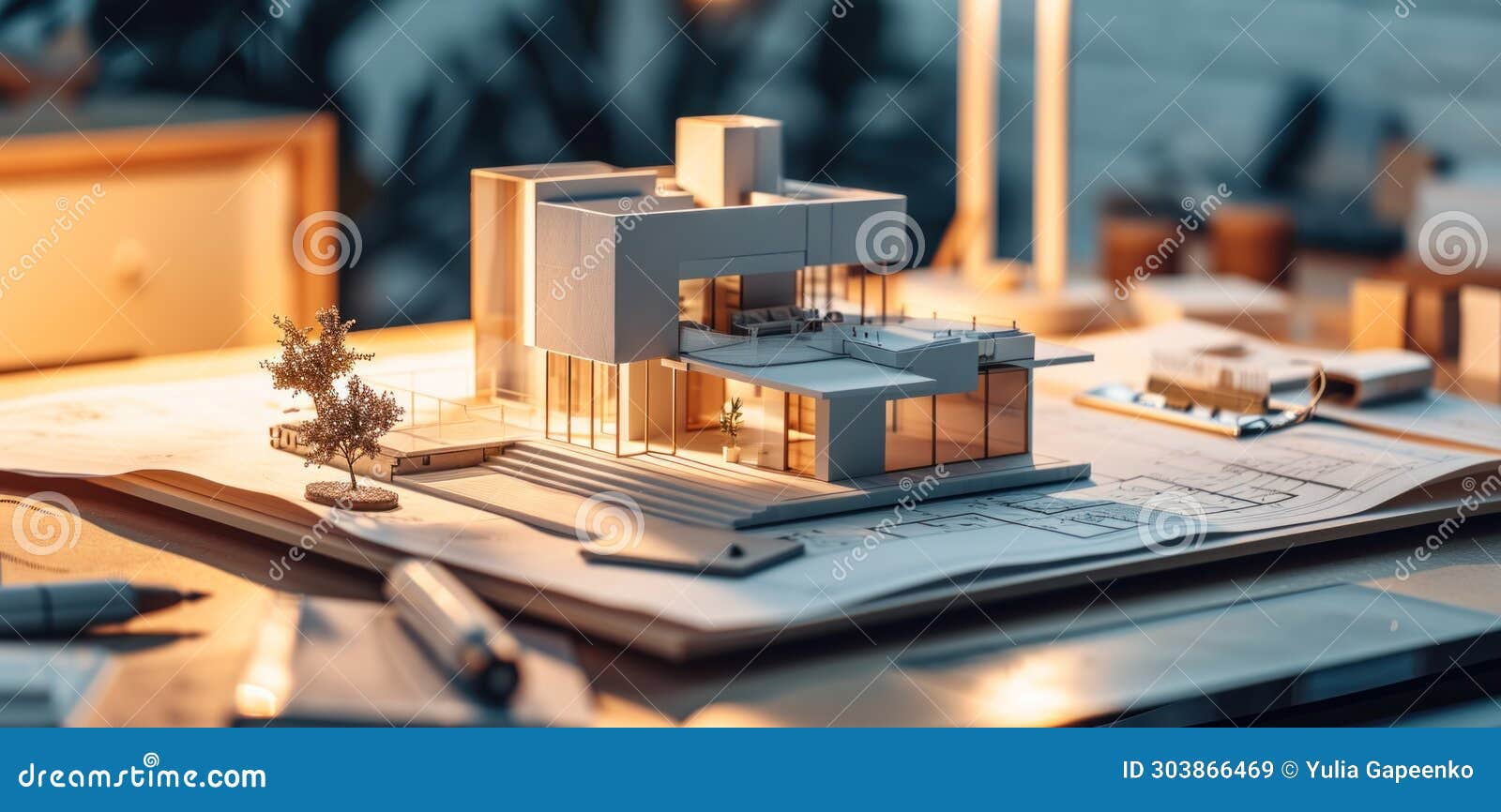 A Set of House Plans on a Table with a Model on the Table Stock Image ...