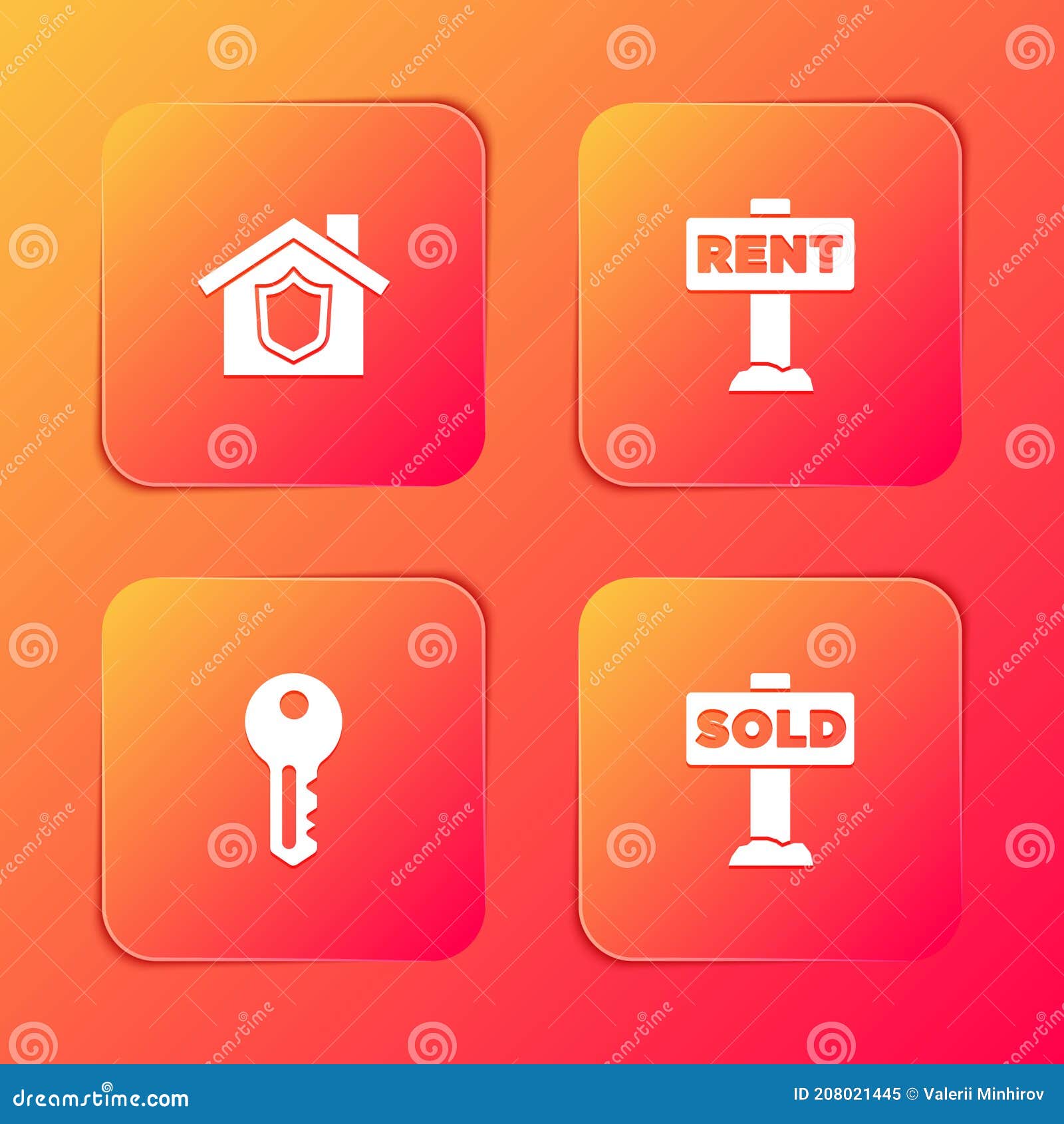 Set House with Shield, Hanging Sign Rent, Key and Text Sold Icon ...
