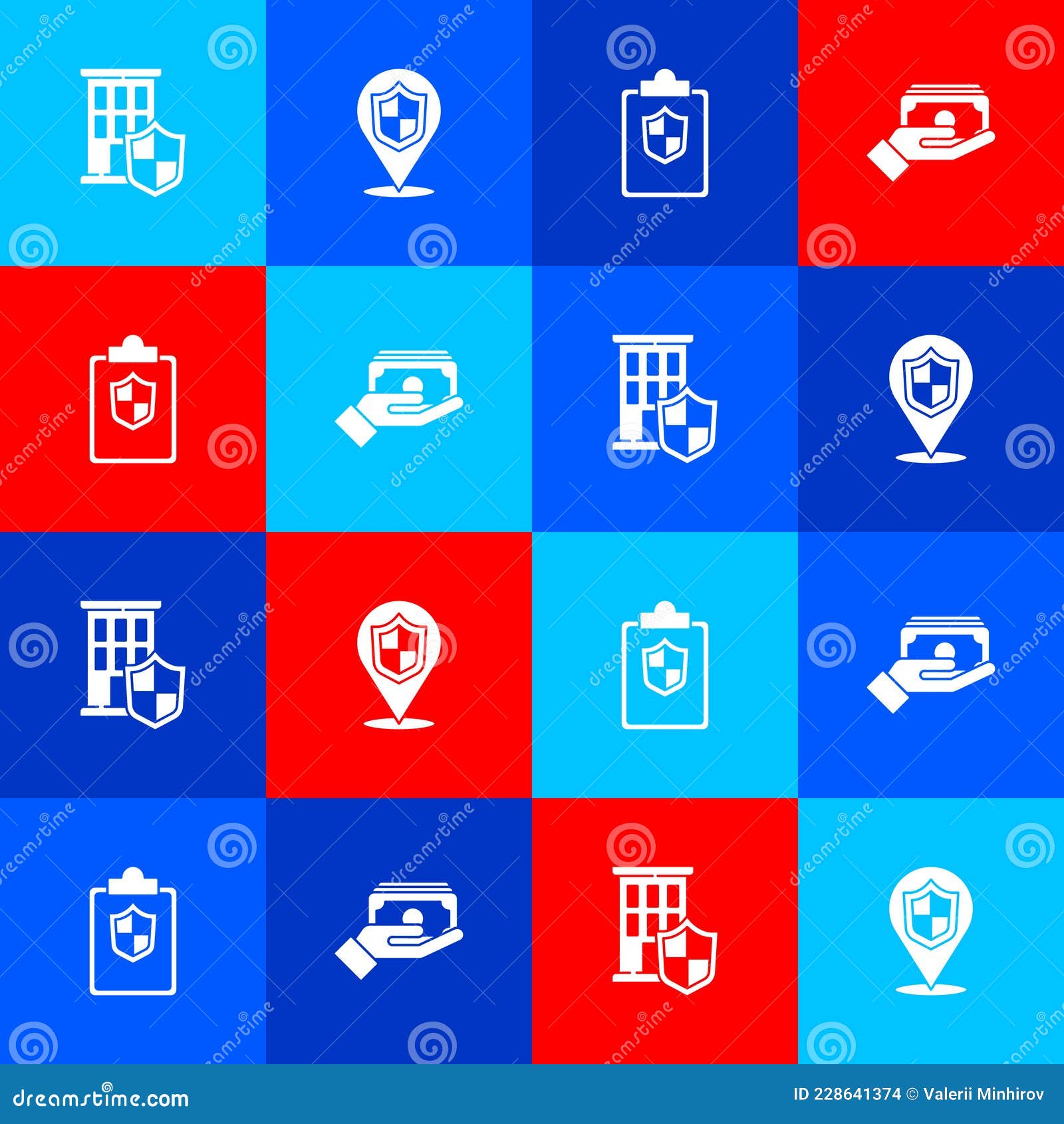 Set House with Shield, Location, Document and Stacks Paper Money Cash Icon. Vector Stock Vector ...