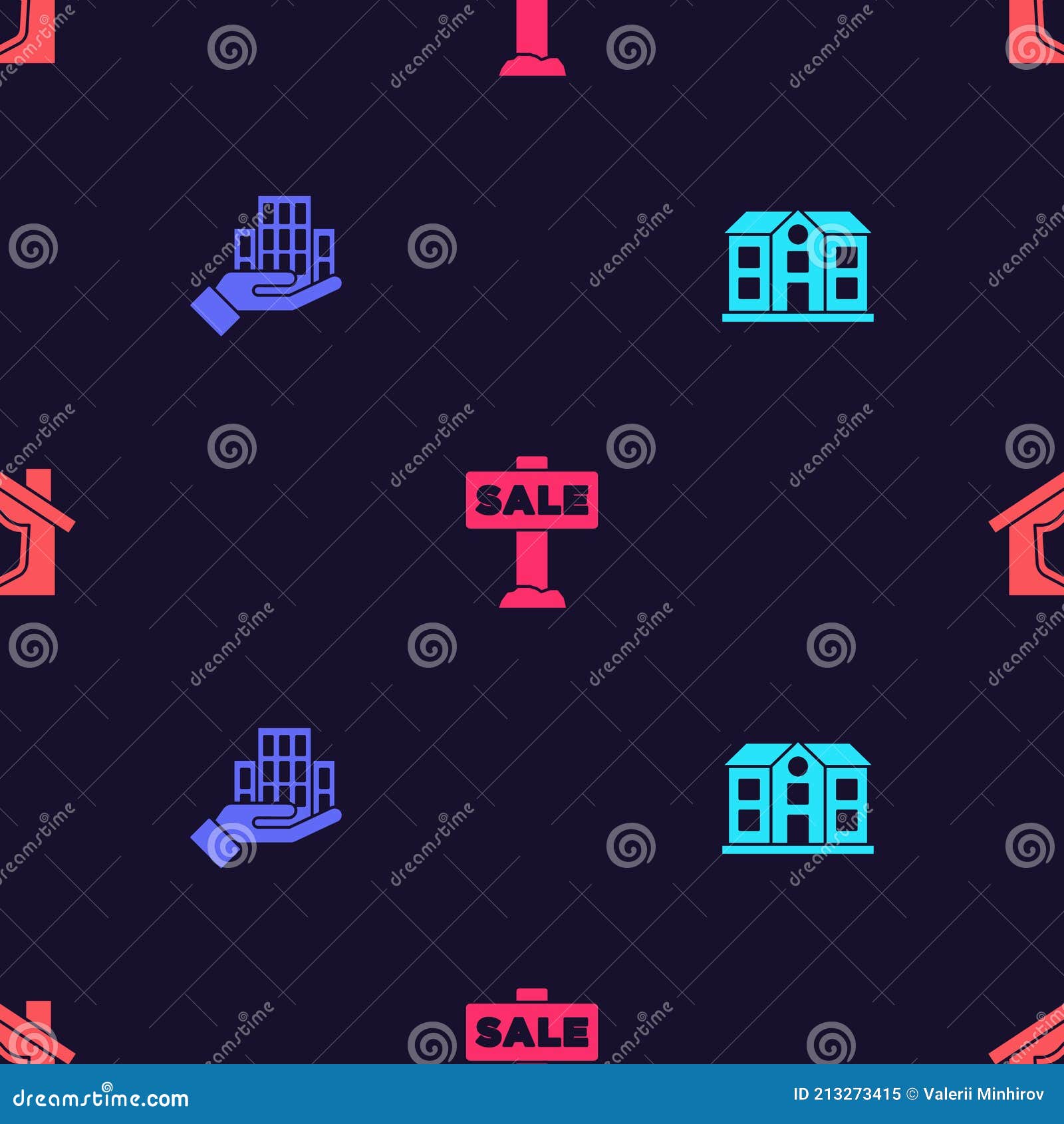 Set House, Skyscraper, Hanging Sign with Sale and Shield on Seamless ...