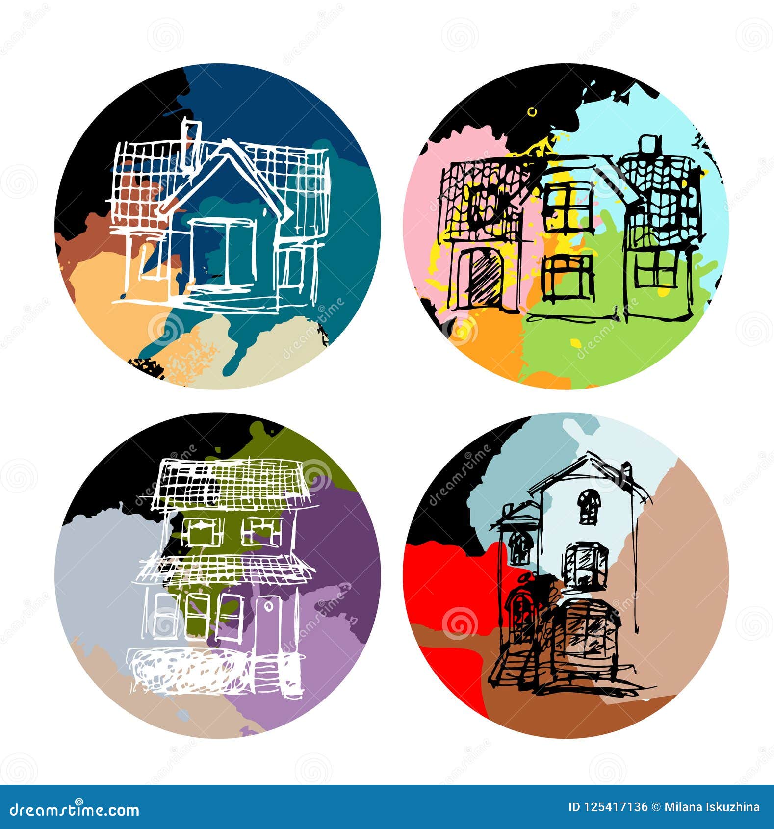 Set of Houses in a Circle with Multi-colored Watercolor Blots. Stock ...