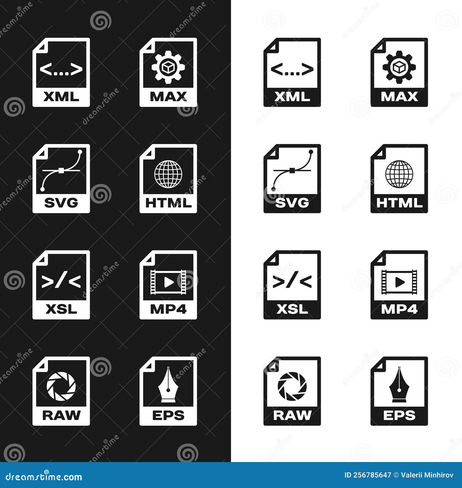 Set Html File Document Svg Xml Max Xsl And Mp4 Icon Vector Stock