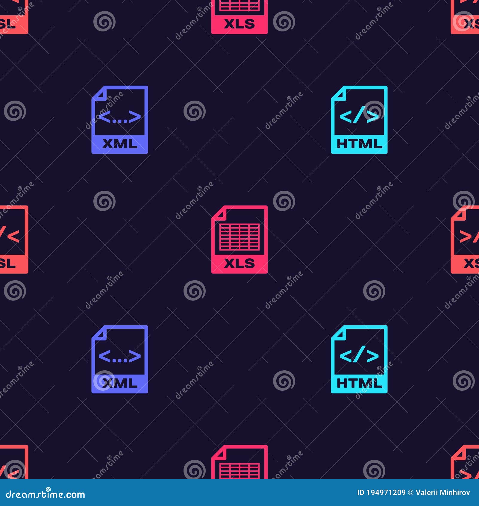 Set Html File Document Xml Xls And Xsl On Seamless Pattern Vector