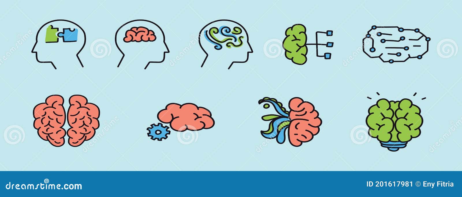 Set of Human Brain Creativity Concept Cartoon Icon Design Template with ...