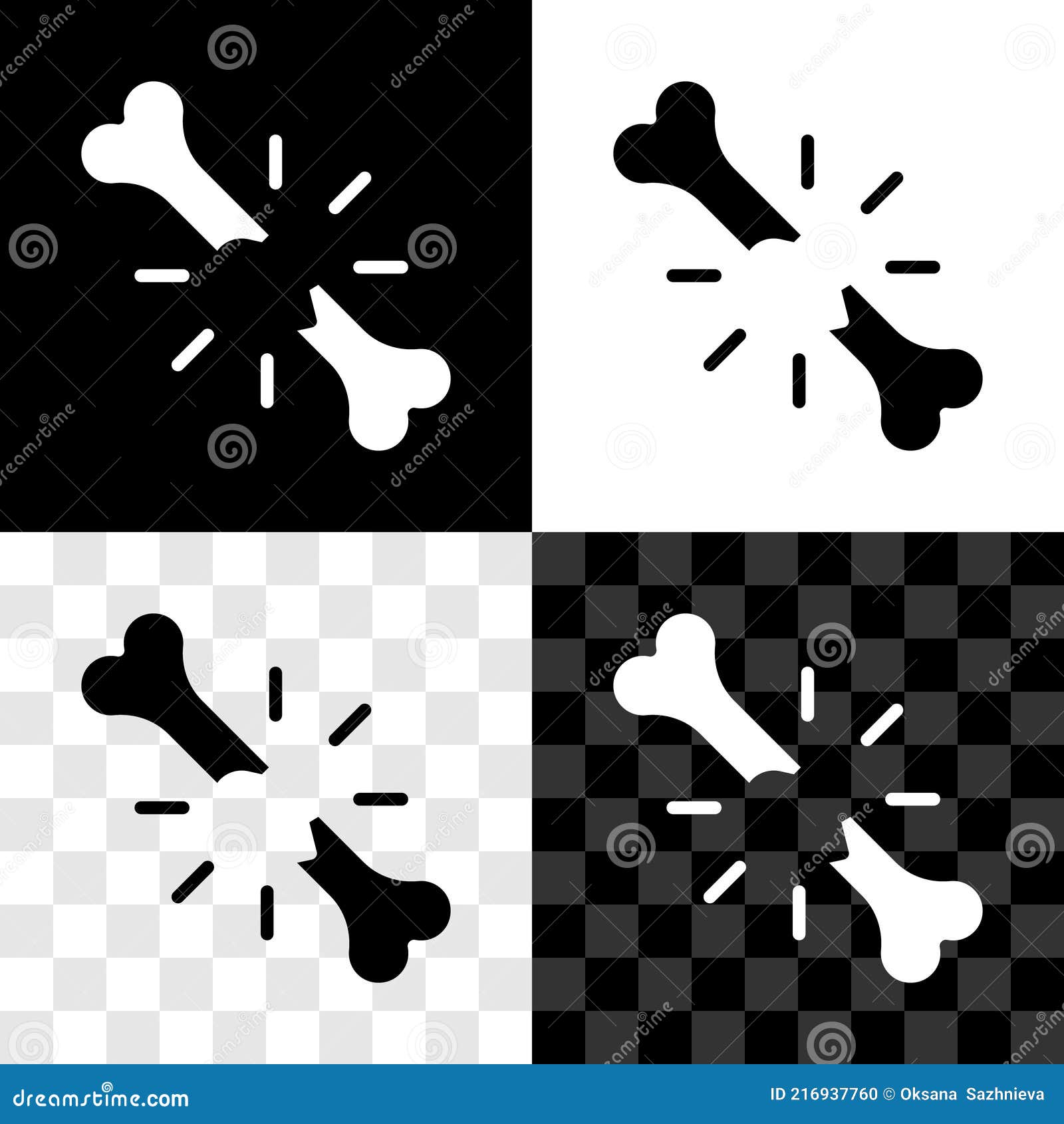 Set Human Broken Bone Icon Isolated on Black and White, Transparent ...