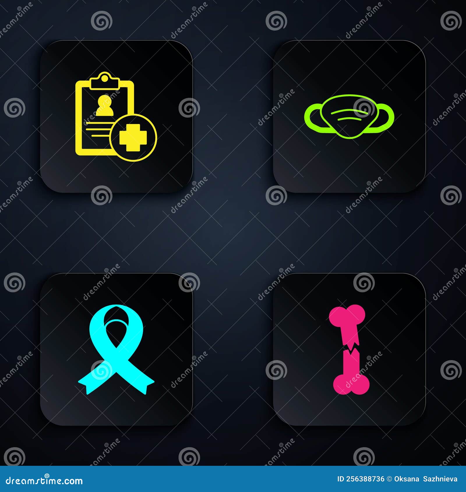 Set Human Broken Bone, Patient Record, Awareness Ribbon and Medical ...