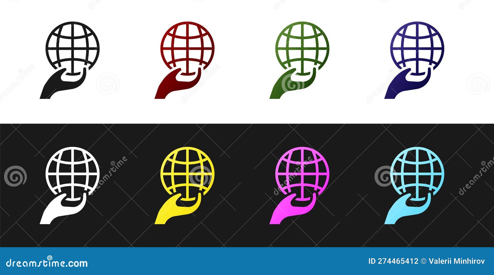 Set Human Hand Holding Earth Globe Icon Isolated On Black And White