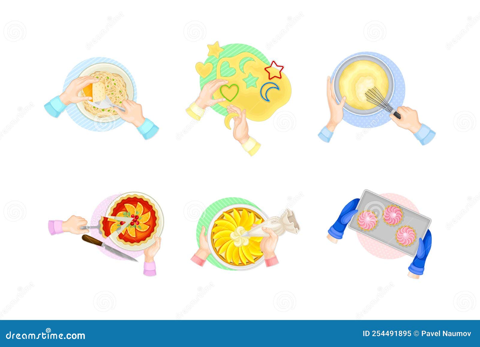 Set of Human Hands Cooking and Baking, Top View Vector Illustration ...
